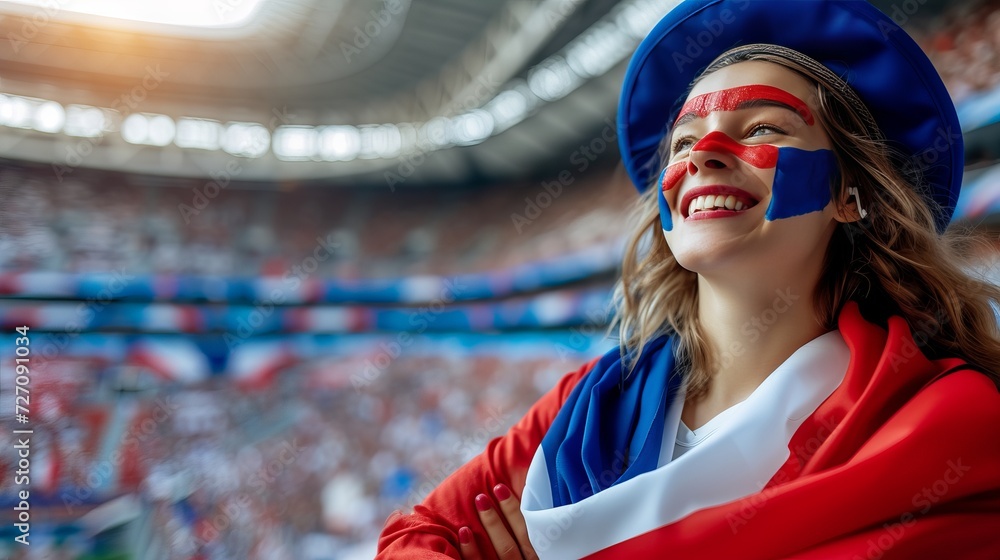 French woman with flag face paint cheering at sports event, blurry ...