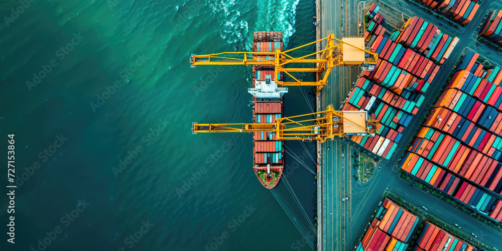 An aerial view shows the complex structure of a seaport with neatly ...