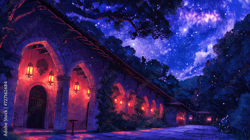 Spooky night scene with a haunted house and full moon, creating a ...