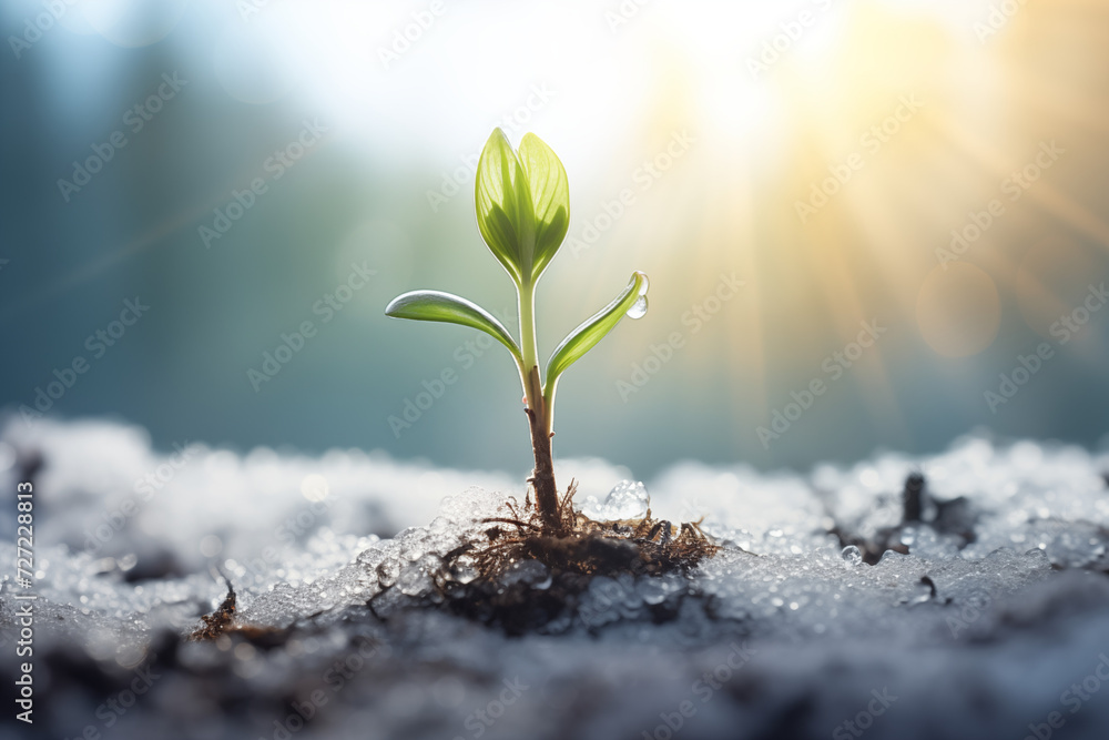The arrival of spring with green sprout growing from ground and winter ...