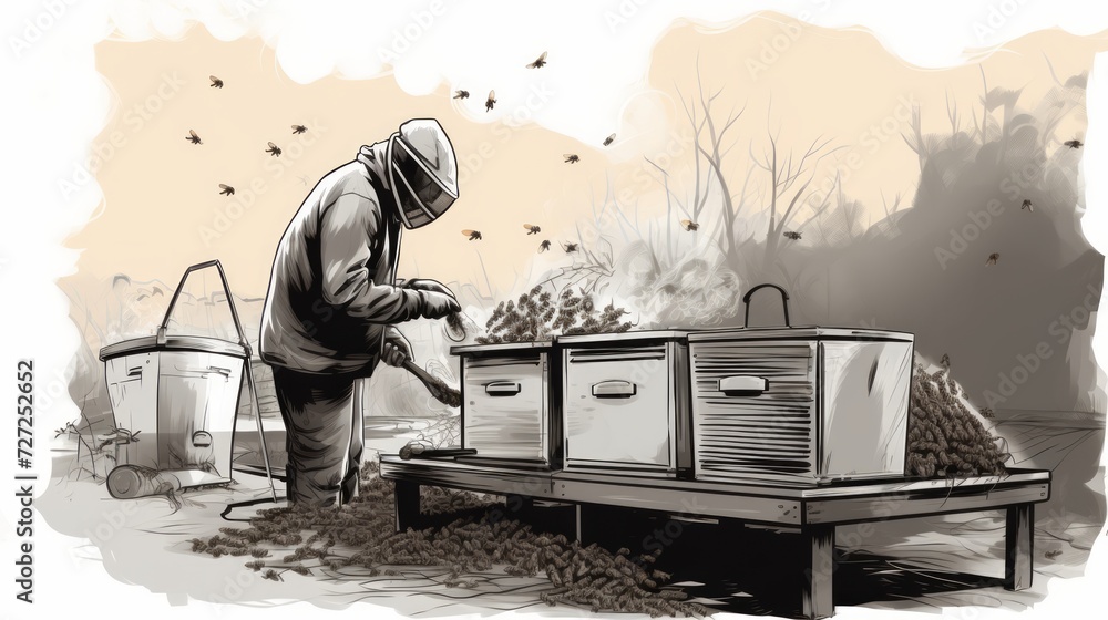 Sketch-style drawing of a beekeeper using a smoker to calm bees during ...