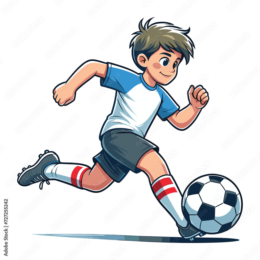 Happy cute little boy playing soccer football game in action cartoon ... Happy cute little boy playing soccer football game in action cartoon ...