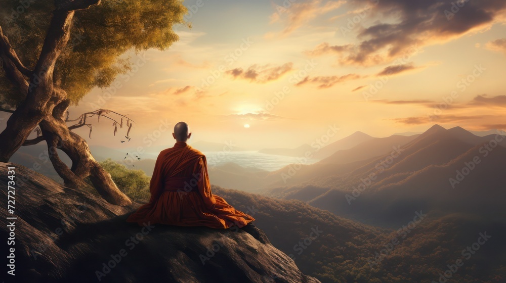 Buddhistic monk in traditional costume sits on on a mountain top and ...