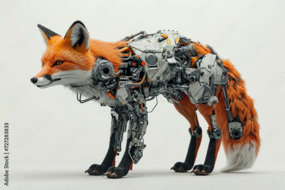 Realistic depiction of a cybernetically enhanced fox with robotic parts ...