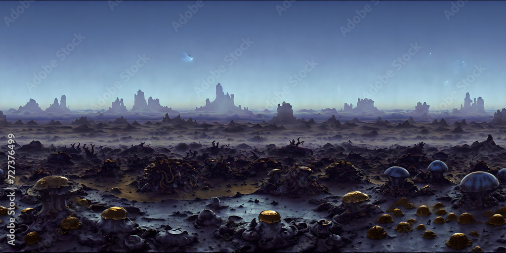 sunset in alien mountains Full 360 degrees seamless spherical panorama ...