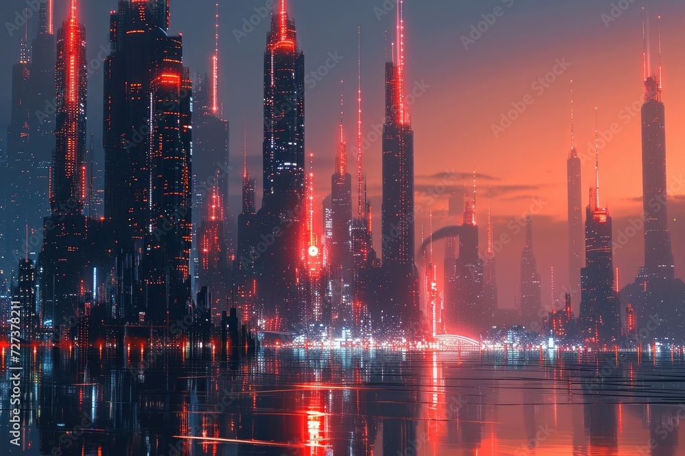 This photo captures a city at night, with numerous lights reflecting ...