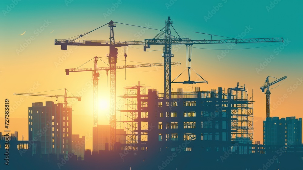 Skyscraper construction site with a prominent construction crane on a ...