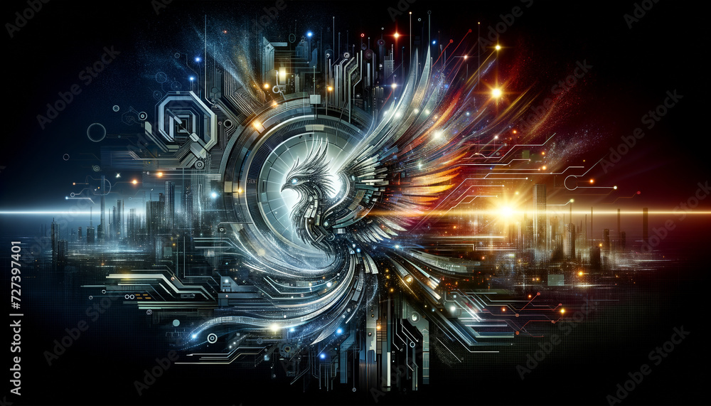 Futuristic cyber phoenix rising from vibrant digital landscape. Stock ...