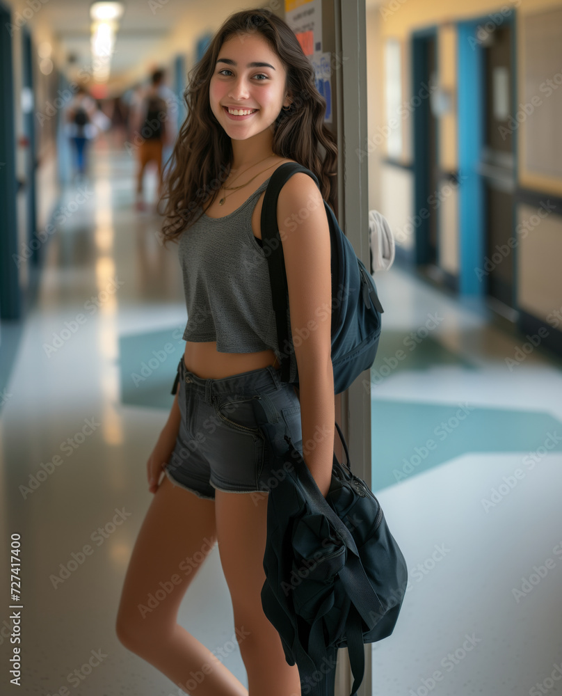 Radiant high school girl with a backpack, wearing a gray crop top and ...