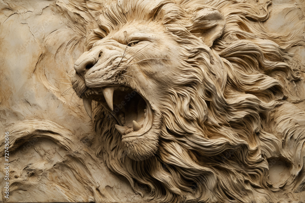 Design a relief sculpture depicting a roaring lion, with intricate ...