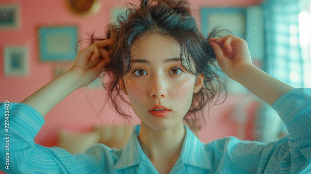 Trichotillomania hair pulling disorder, young Asian woman touching and ...