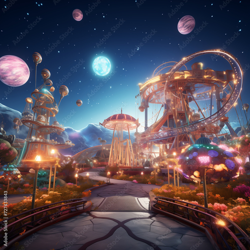 Create a captivating scene in a cosmic carnival, where planets engage ...
