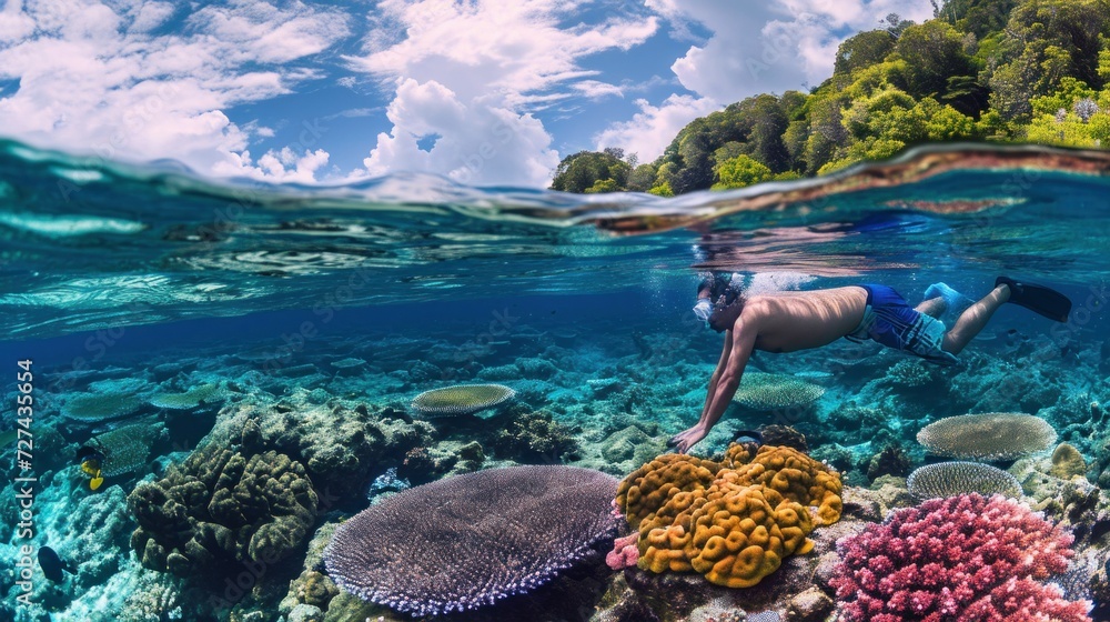 attractive young man snorkels in the ocean and observes the coral world ...