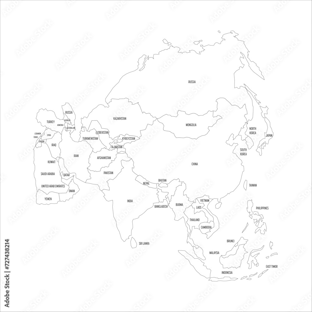 Political map of Asia. Thin black outline map with country name labels ...