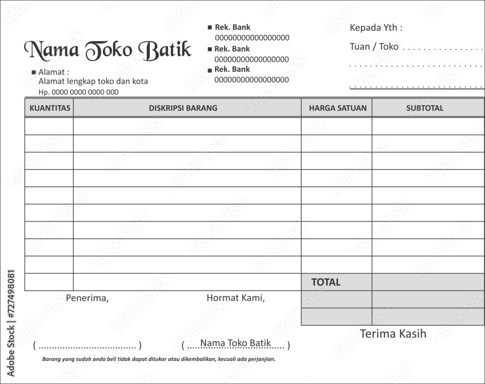 Receipt voucher vector template, NCR bill book, batik sales receipt ...