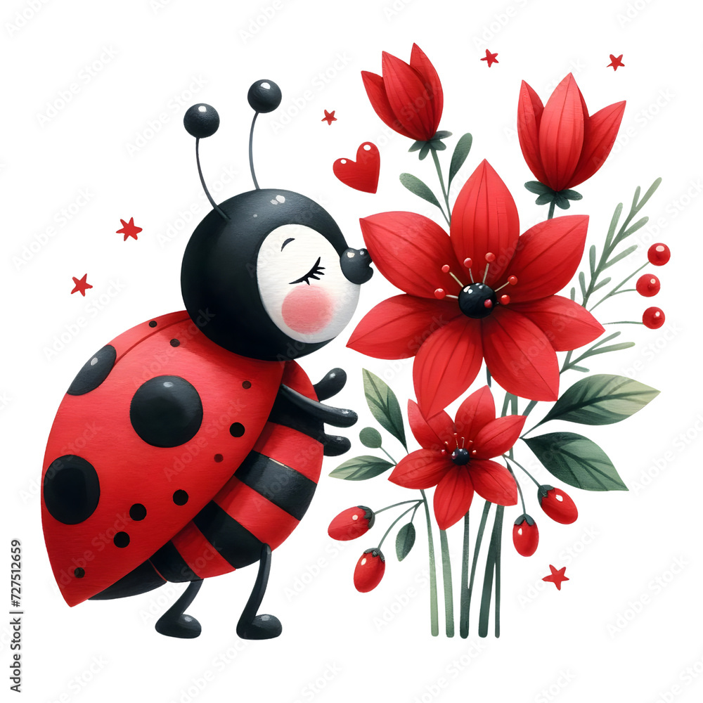 Ladybug Watercolor Clipart PNG, ladybug with flowers Valentine, digital ...
