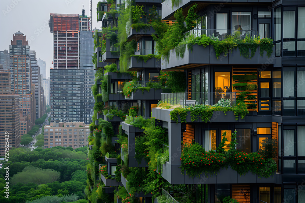 Sustainable architecture concept showing a green building facade ...
