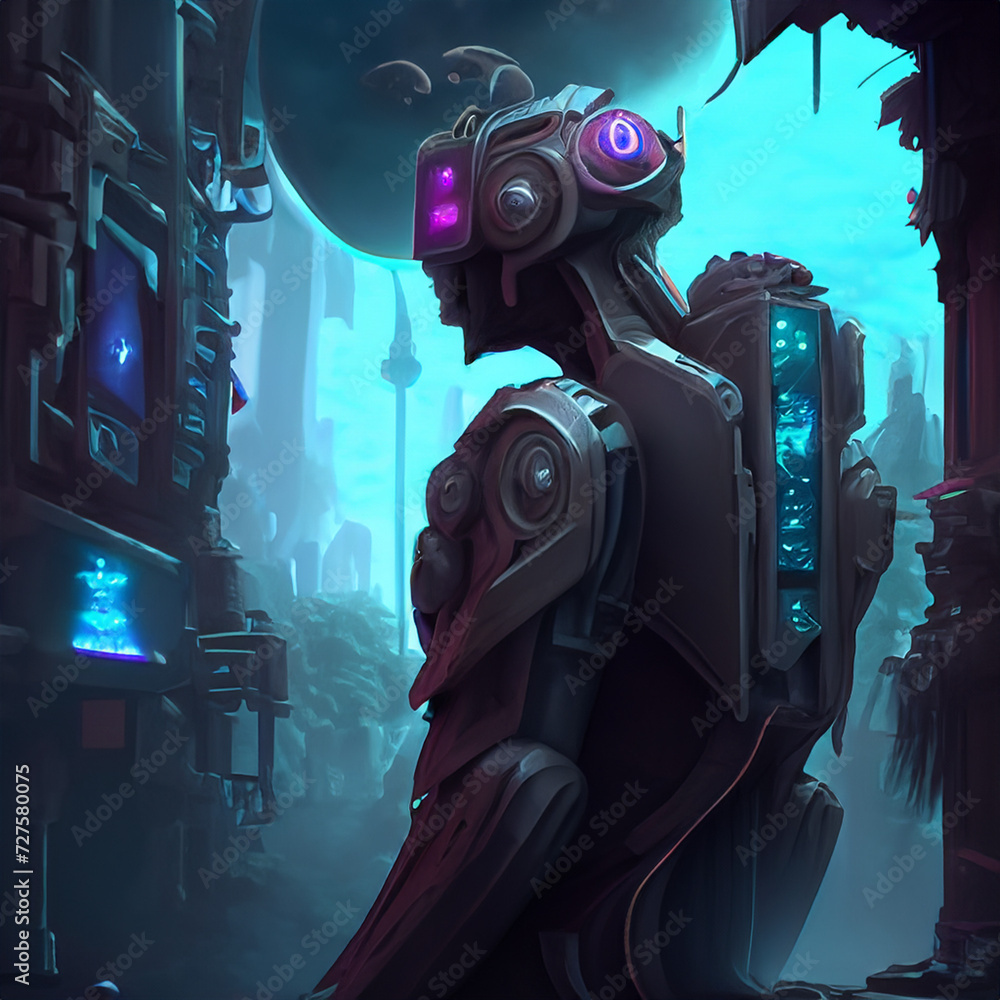Fantasy robots in cyberpunk style.Neon masked characters.People in ...