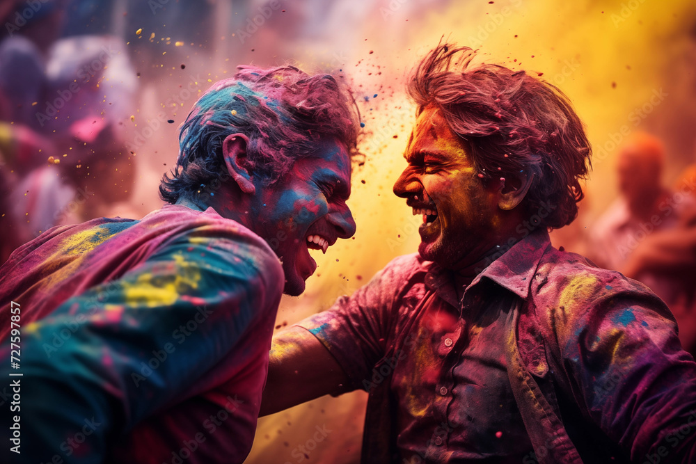 happy hindu indian people celebrate holi festival by throwing colorful ...