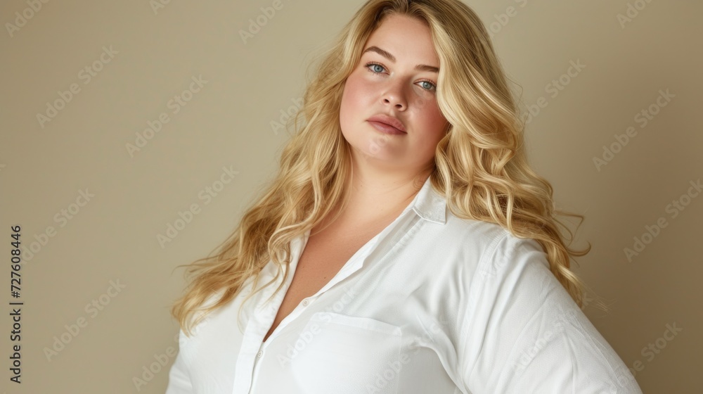 A Curvy Woman With Blonde Hair In A White Shirt Exuding Confidence