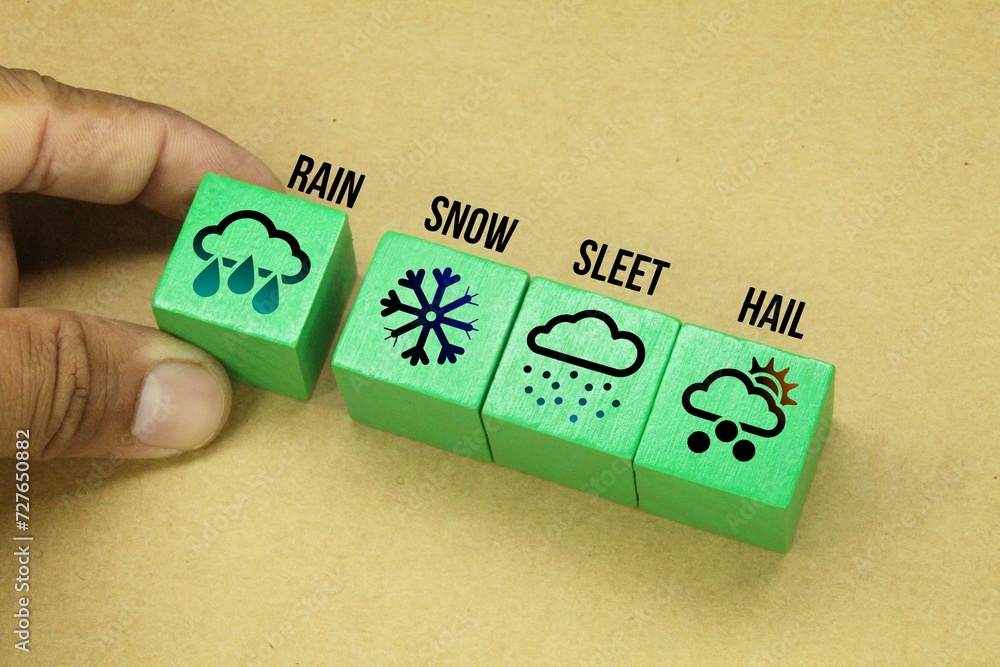 green wooden cube with icons four main types of precipitation are rain ...