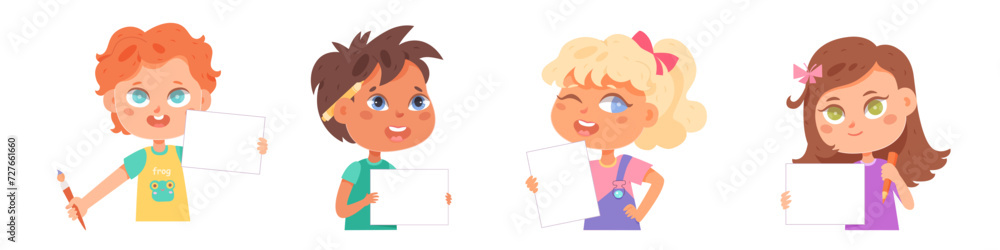 Cute children with pencils and brush show empty paper sheets while ...