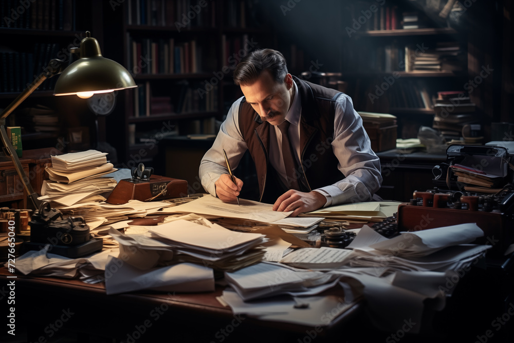 Detective reviewing case files and photographs on desk. Generative AI ...