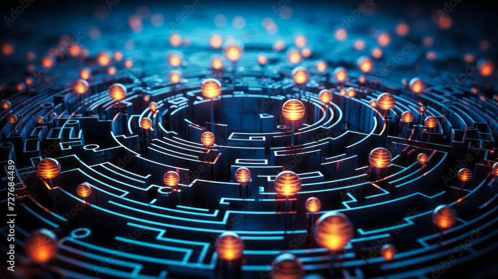 Complex 3D Labyrinth with Glowing Pathways and Spherical Obstacles ...