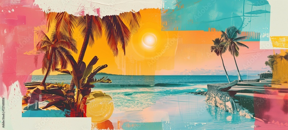 Artistic summer collage with palm trees and beach scenery in sunset ...