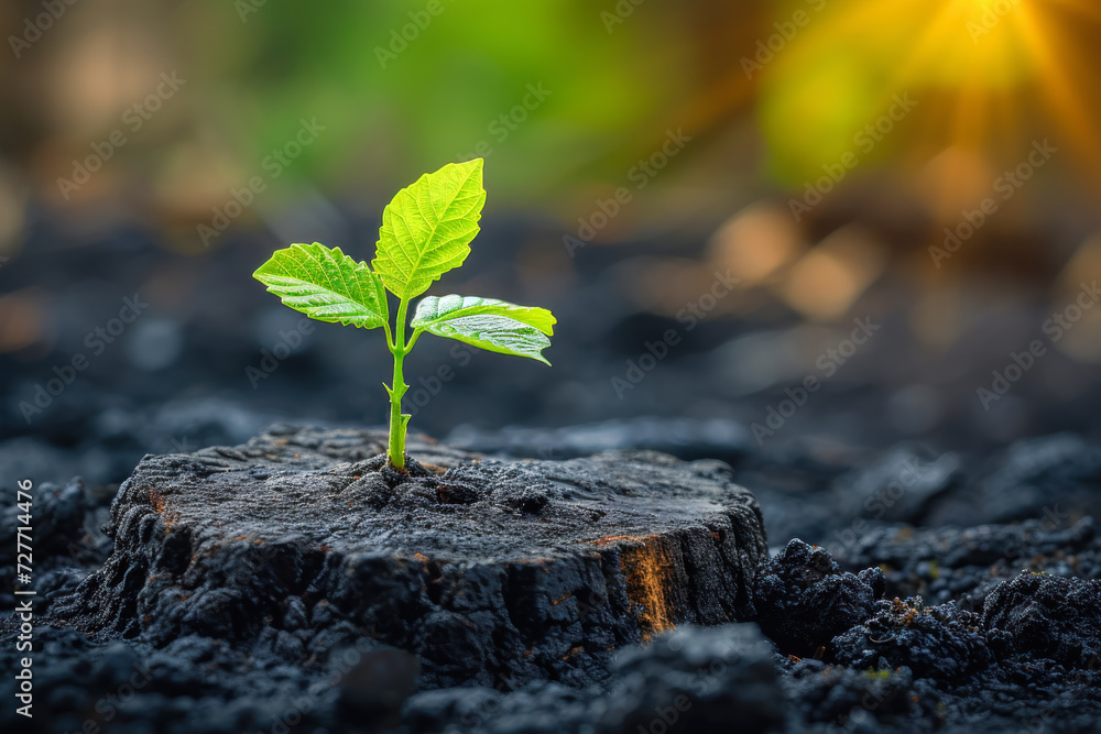 a seedling growing up from center trunk tree stump dead tree shinning a ...