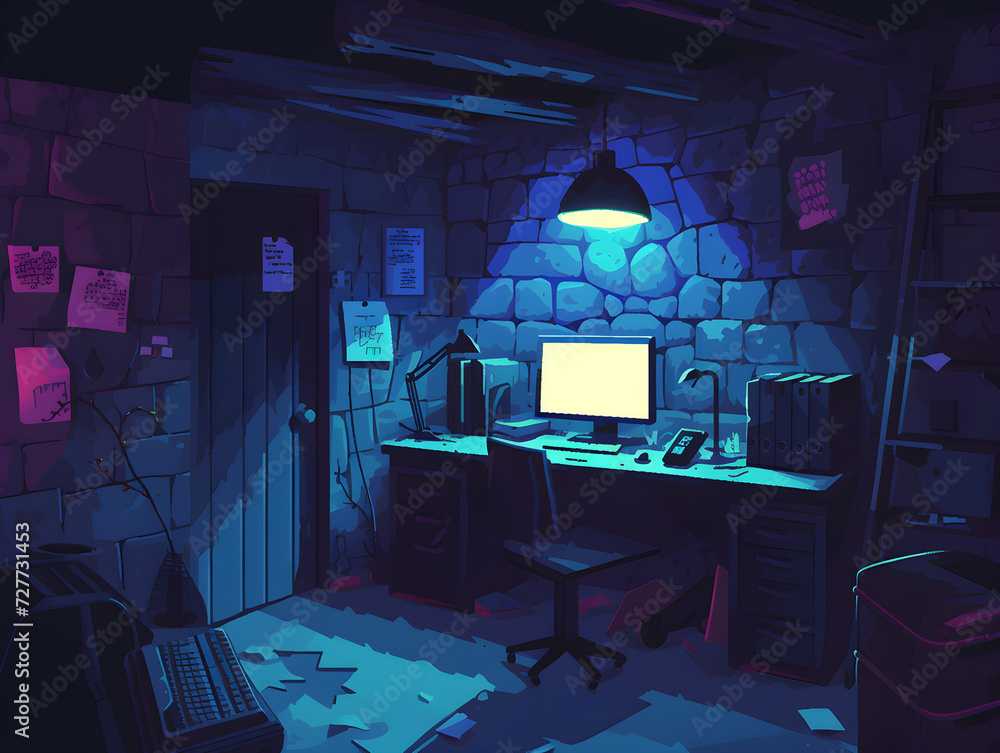 Moody Cyberpunk Basement Office with Dual Monitors - Hacker Lair Concept with Nocturnal Glow ...