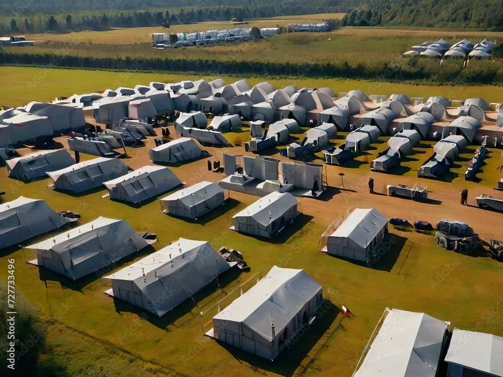 Drone view modern army camp, with lots of small houses, ready to use ...