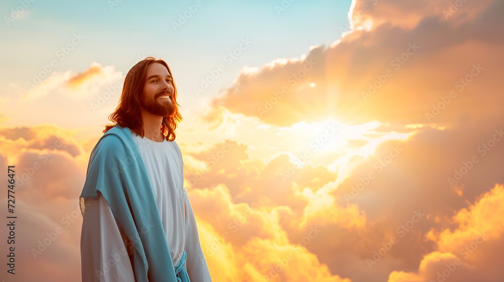 Jesus Christ in the clouds in heaven with open arms Savior. copy space ...