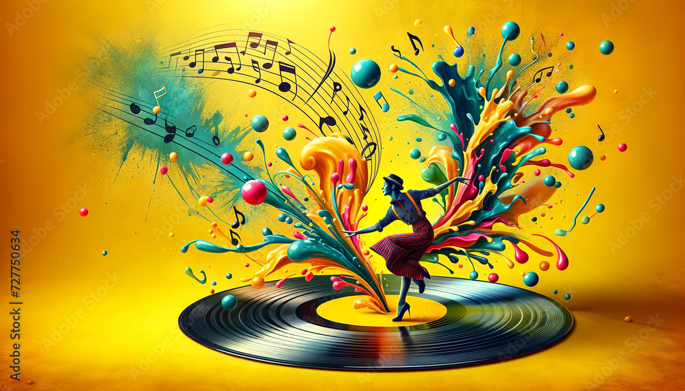 A whimsical illustration of a vinyl record exploding into colorful ...