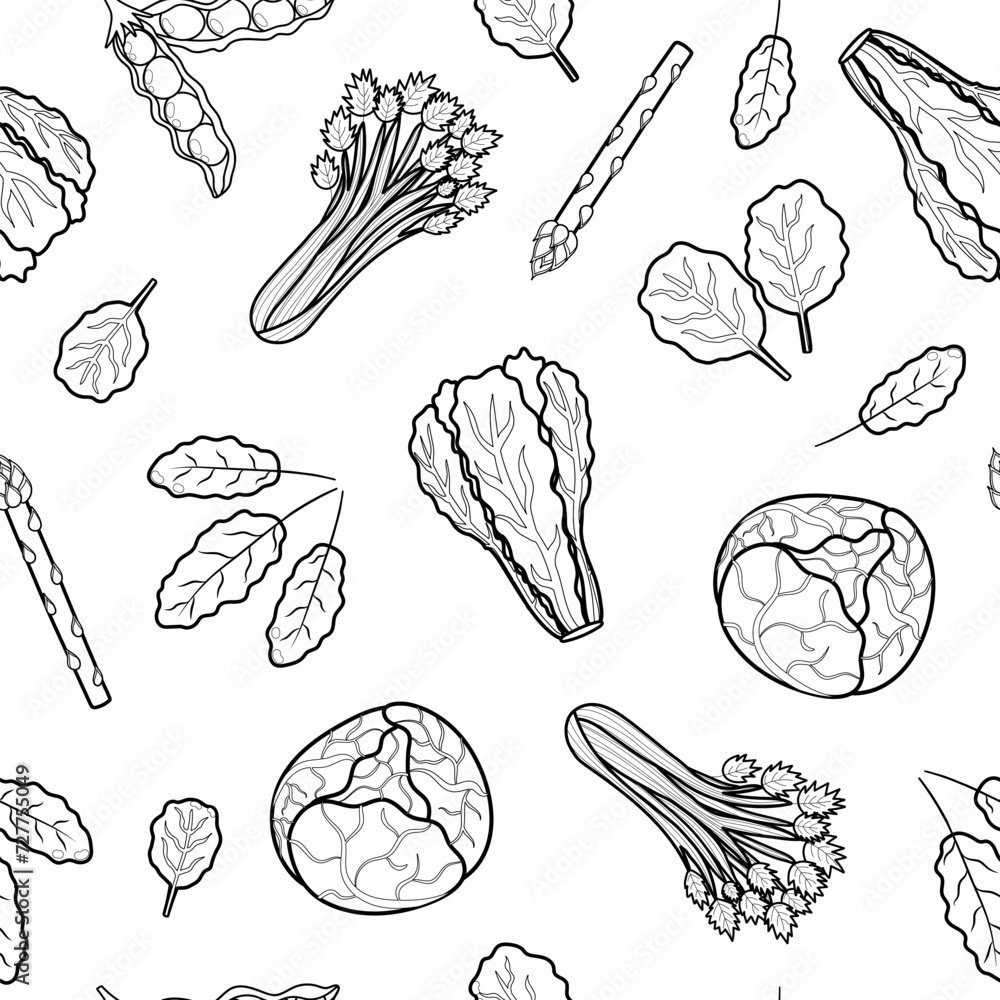 Vegetables seamless pattern in black and white for coloring. Healthy ...