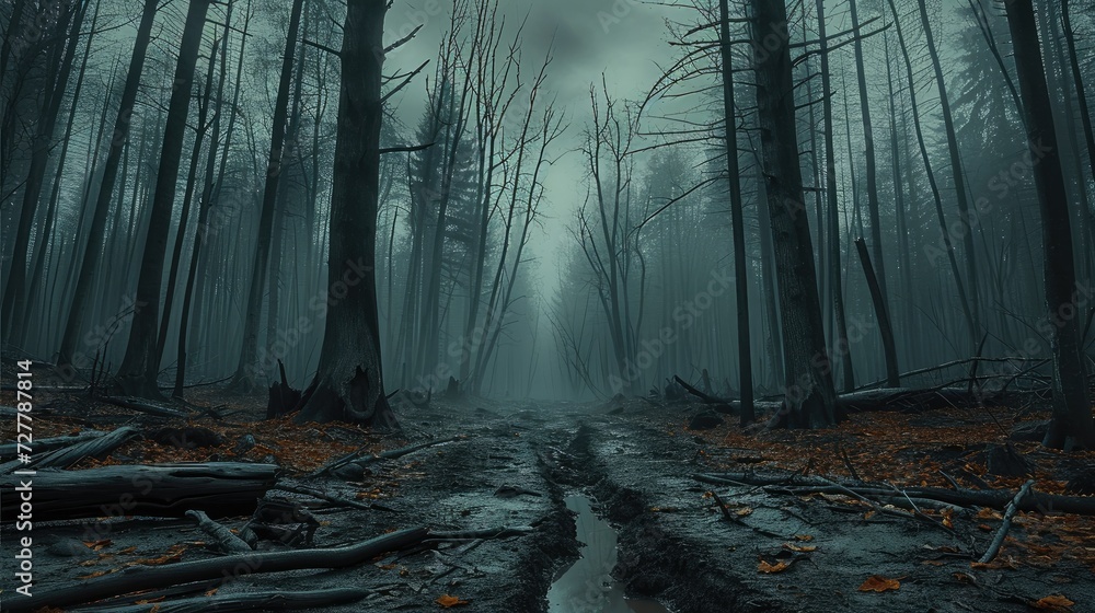 Dark desolate forest with dead trees, Broken braces, Scary. Generative ...