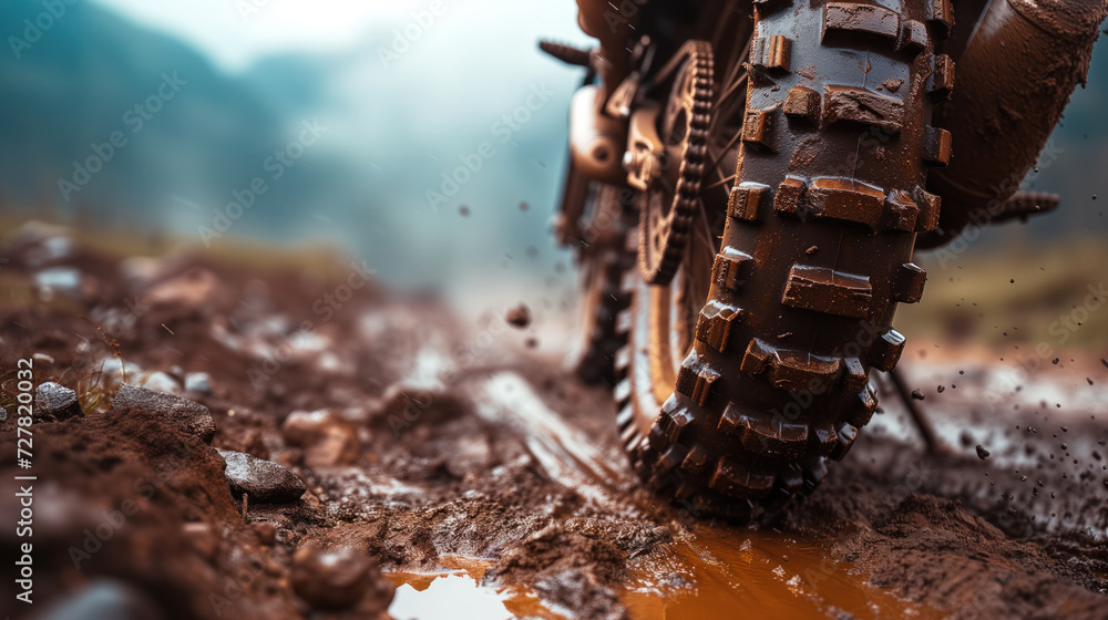 Stock-Foto „The off-road bike wheel, covered in mud, spun rapidly as ...