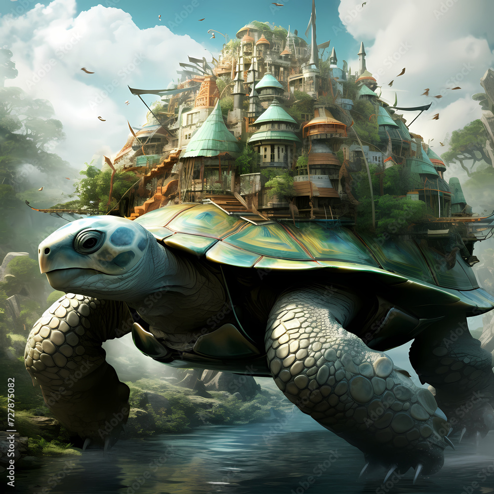 Fantasy city built on the back of a giant turtle Stock Illustration ...