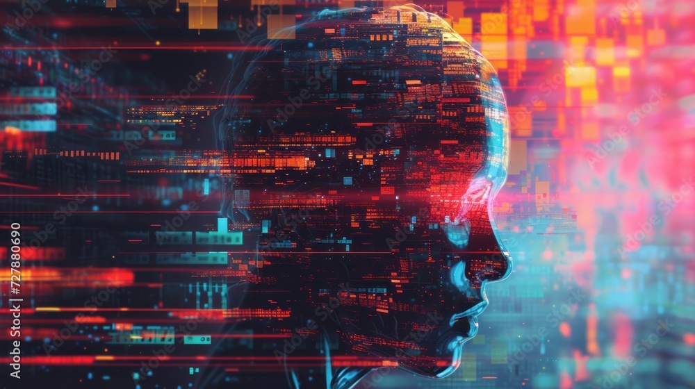 Technology abstract human model with digital glitch background AI ...