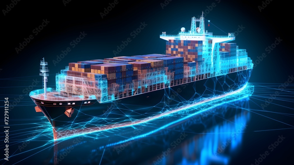 Container ship and the hologram of world map of international supply ...
