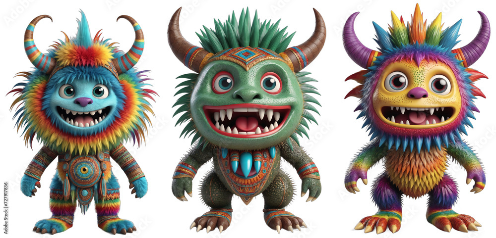 A set of three adorable cartoon monsters with big horns and smiles ...