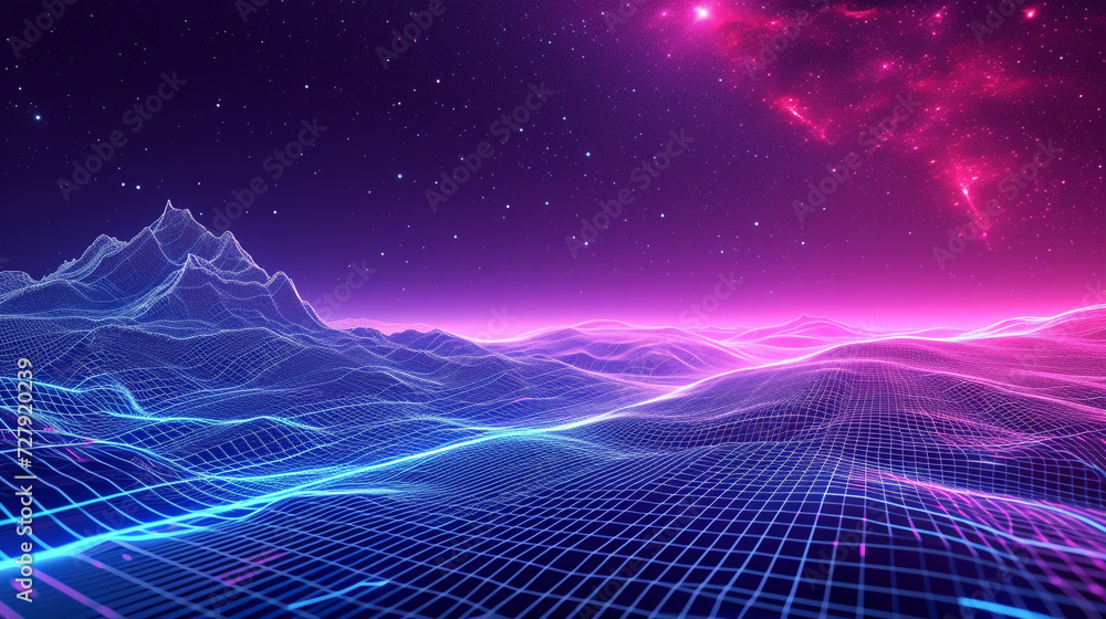 Retro futuristic 80's synthwave landscape background. wireframe grid ...