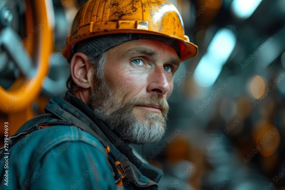A determined blue-collar worker, clad in a bright orange hard hat ...