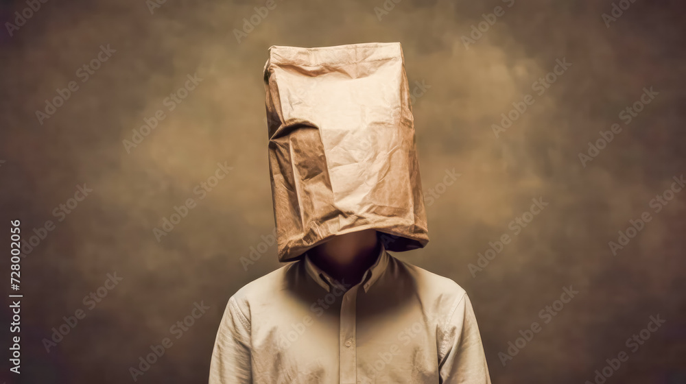 A mysterious portrait depicting a man with a paper bag on his head ...