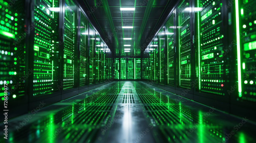.Futuristic Server Room with Glowing Green Lights. High-tech server room with racks of data ...