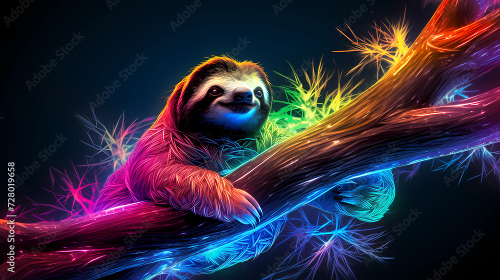 Sloth Animal Plexus Neon Black Background Digital Desktop Wallpaper HD ...