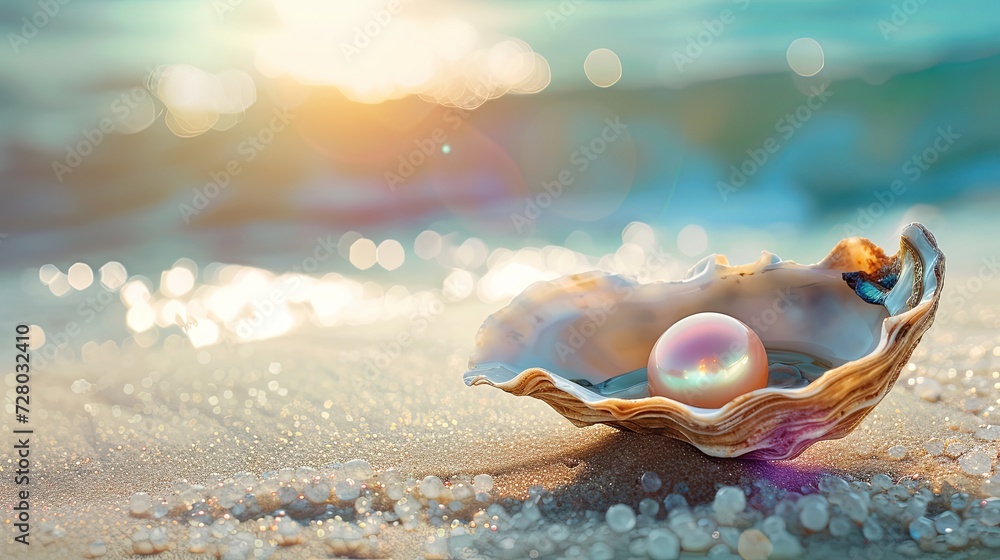 Oyster laying on beach with colorful pearl wallpaper background Stock ...