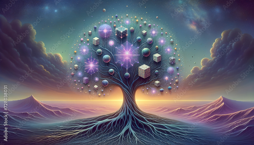 Surreal neural network tree symbolizing unsupervised learning with ...