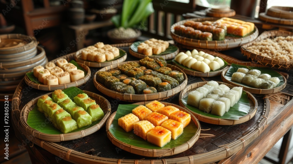 Myanmar's traditional dessert, divided into neatly arranged pieces for ...