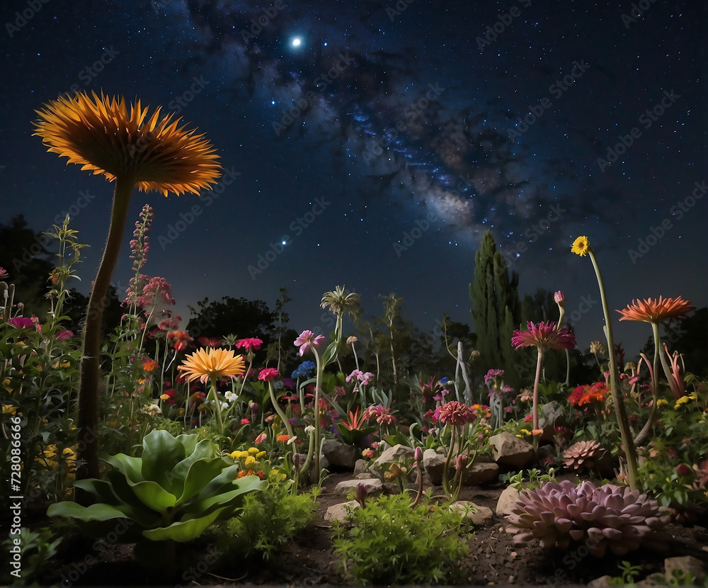 Gardens filled with otherworldly plants, flowers, and creatures under a ...